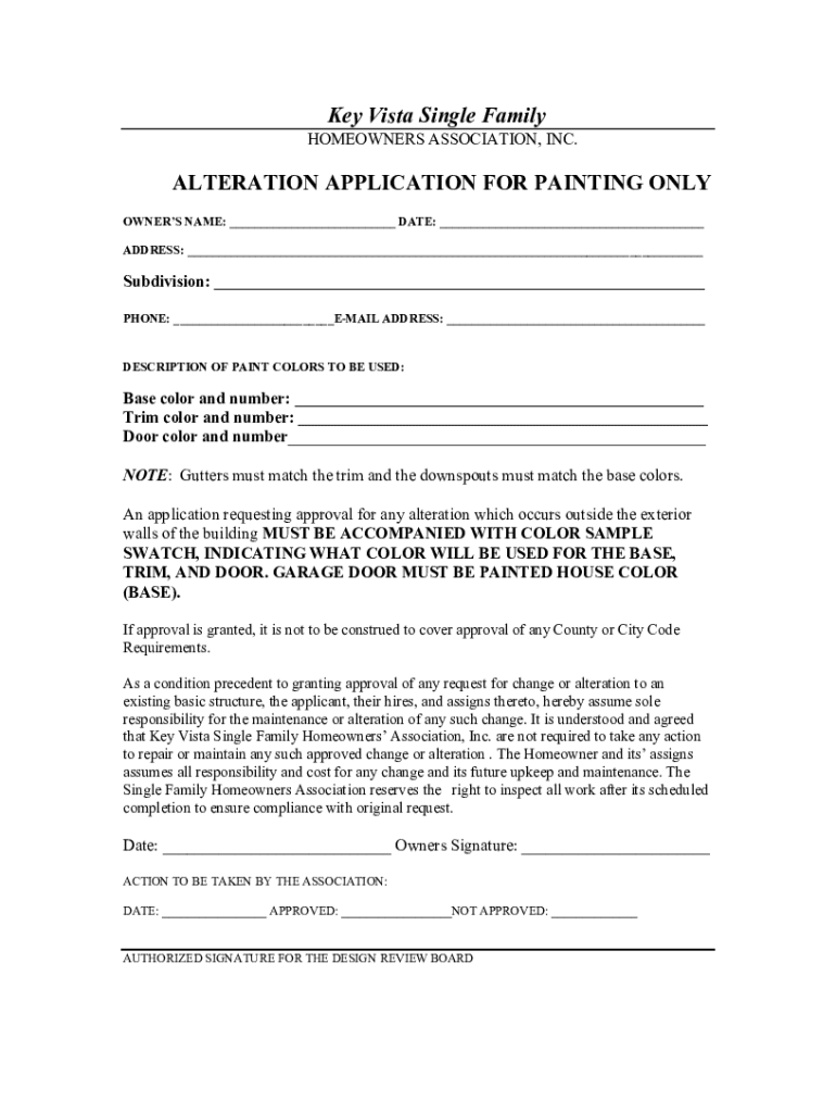 Fillable Online alteration application for painting only Fax Email ...