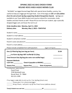 Fillable Online SPRING 2022 AG BAG ORDER FORM ROUND ... Fax Email Print ...