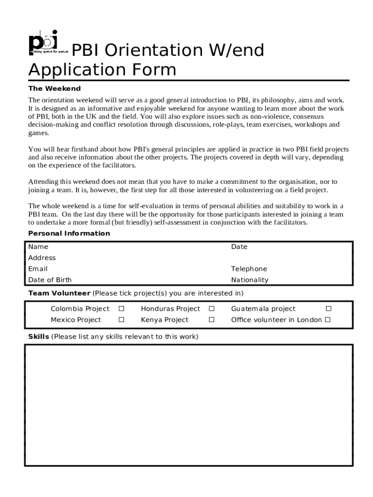 PBI VOLUNTEER APPLICATION Doc Template | pdfFiller