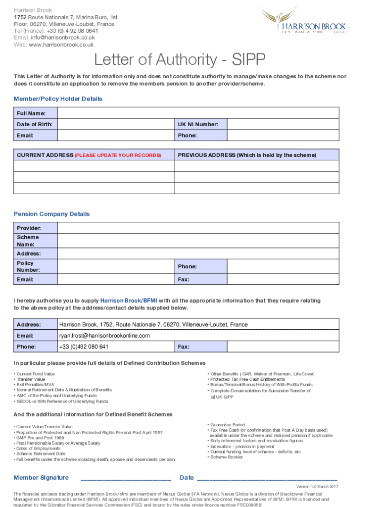 Fillable Online Letter of Authority - SIPPHarrison Brook Fax Email Print - pdfFiller