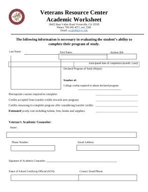 Veterans Resource Center Academic Worksheet Doc Template | pdfFiller