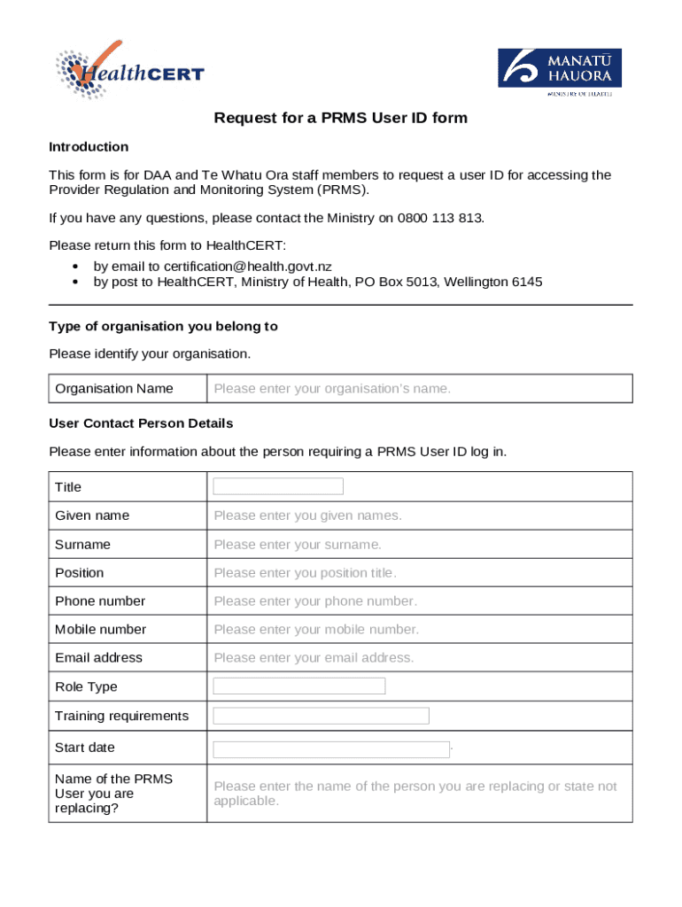 Request for a PRMS user ID Doc Template | pdfFiller