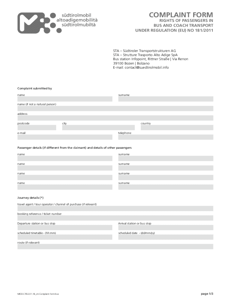 Fillable Online EBA - Complaint Form Bus / Coach Fax Email Print ...