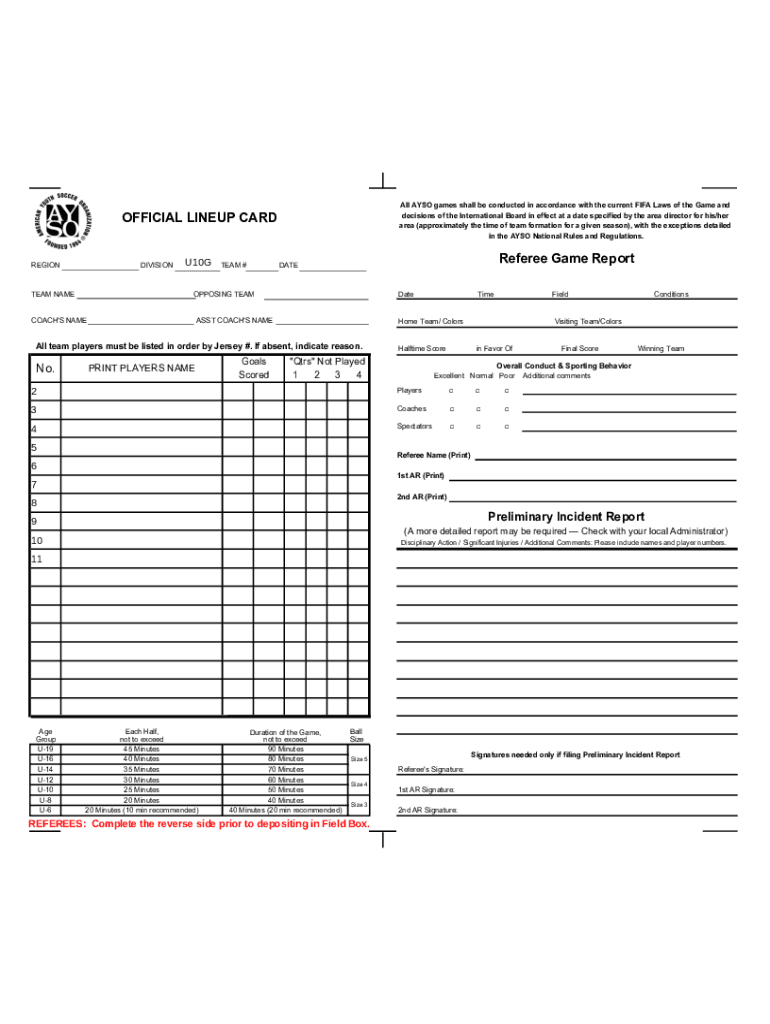 Fillable Online SM AYSO - Lineup Card - 1 Up Fax Email Print - pdfFiller
