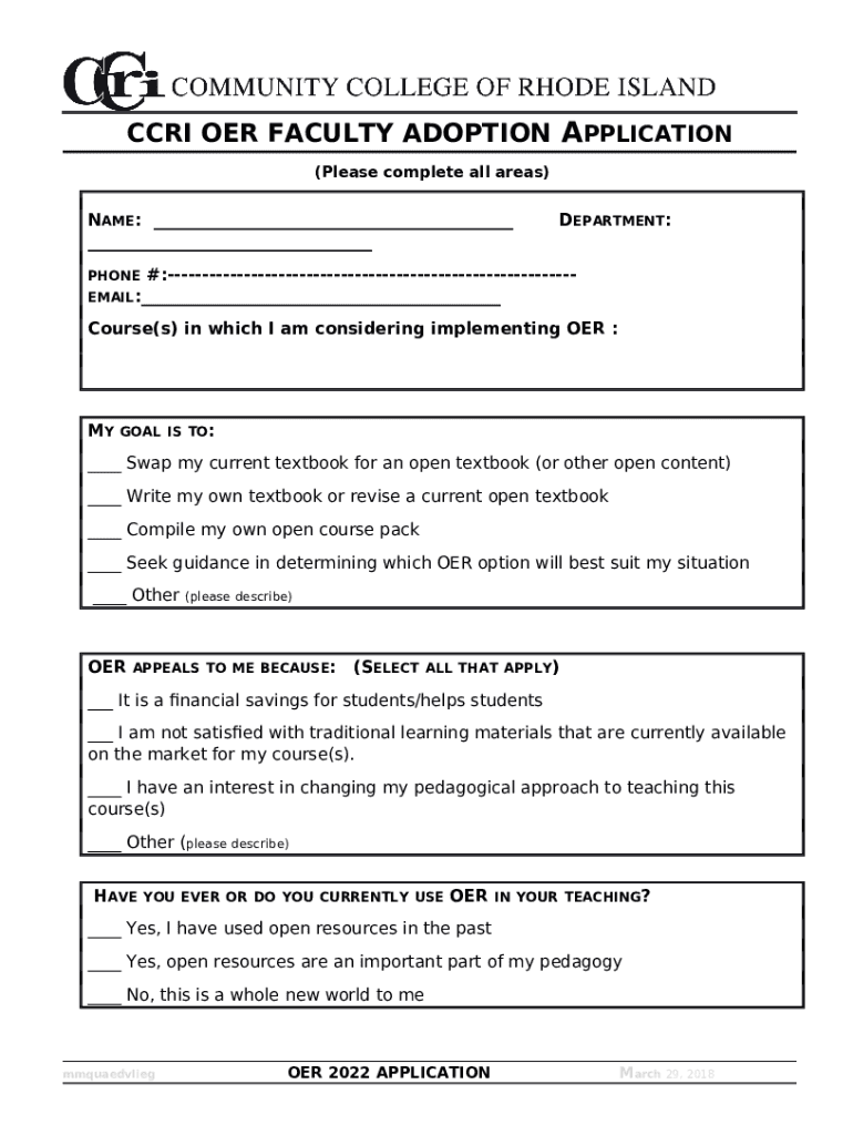 APPLICATION OER FACULTY ADOPTION ... Doc Template | pdfFiller