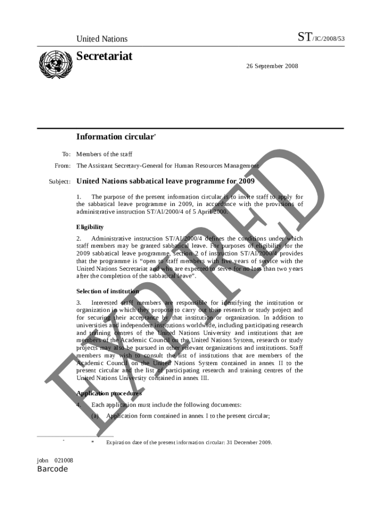 United Nations sabbatical leave programme for 2017 / - hr un Doc Template | pdfFiller