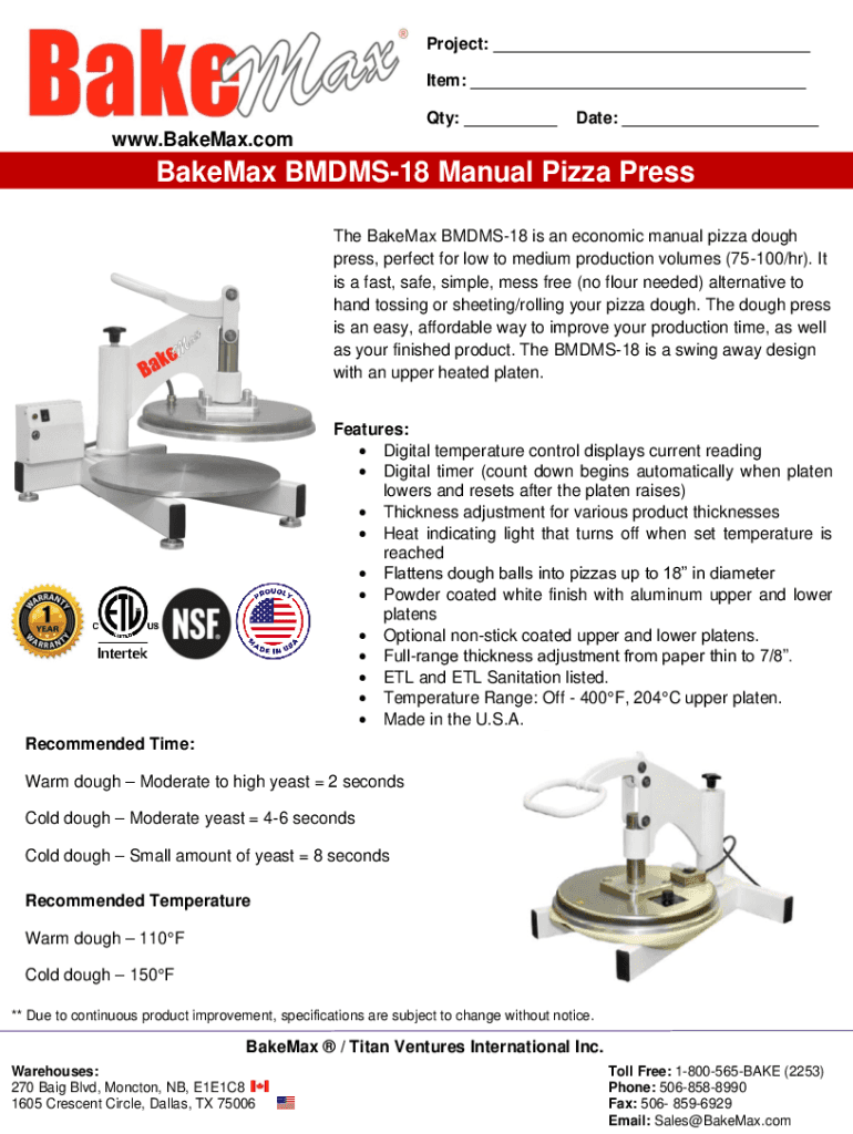 Fillable Online Bakemax BMDM-18 18" Manual Digital Pizza Dough Press Fax Email Print - pdfFiller
