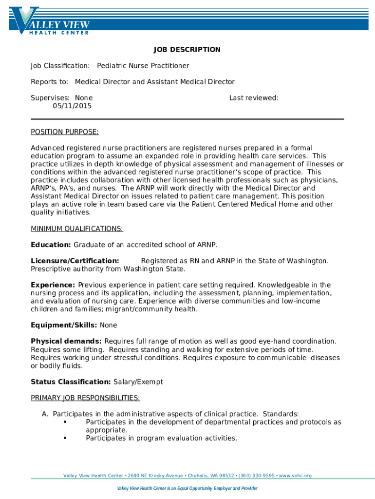 Pediatric-Nurse-Practitioner-Job-Description- ... Doc Template | pdfFiller