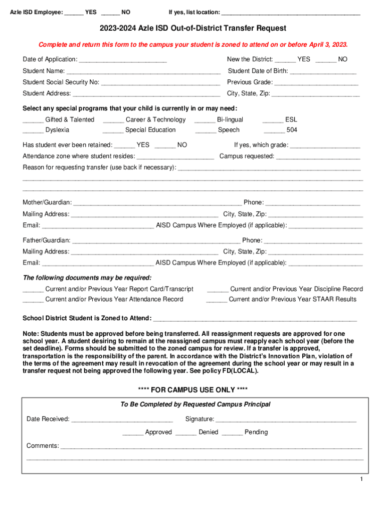 Fillable Online 2023-24 Out of District Transfer Form Fax Email Print ...