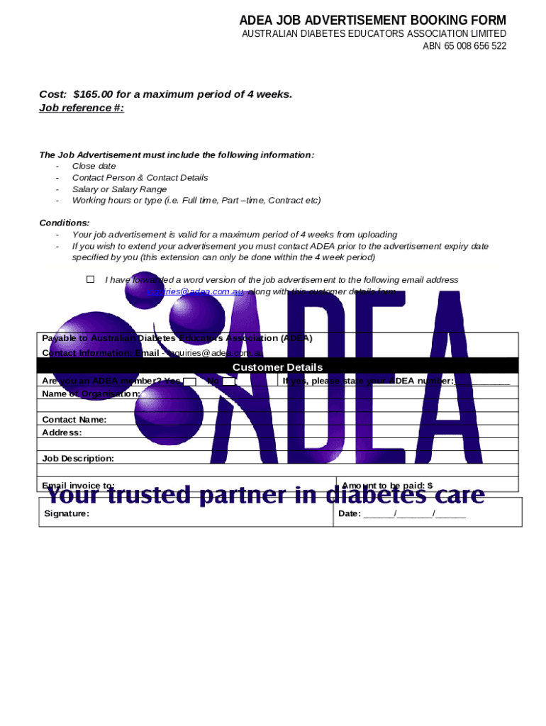 adea job advertisement booking Doc Template | pdfFiller
