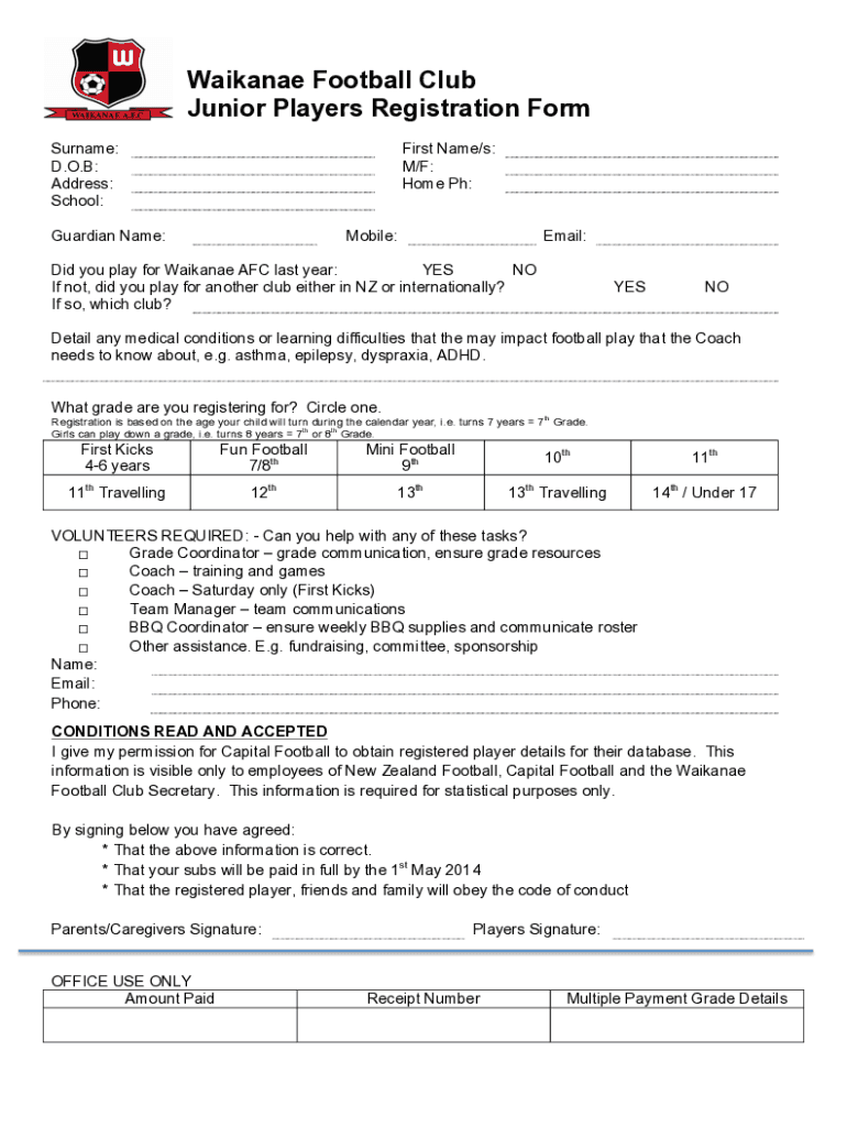 Fillable Online Waikanae Football Club Junior Players Registration Form ...