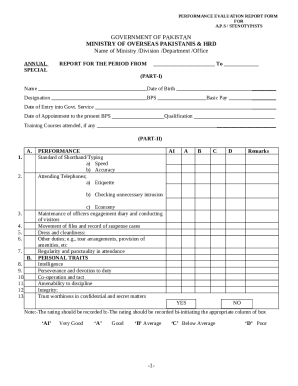 Perance Evaluation Report For BPS-16 OfficersPDF Doc Template | pdfFiller