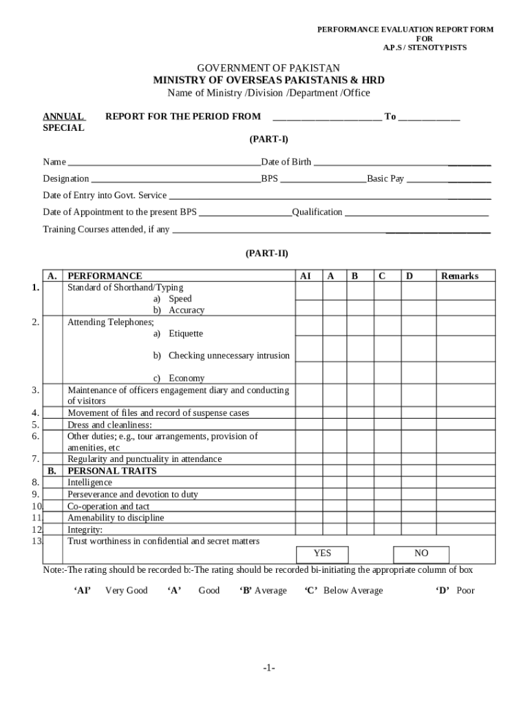 Perance Evaluation Report For BPS-16 OfficersPDF Doc Template | pdfFiller