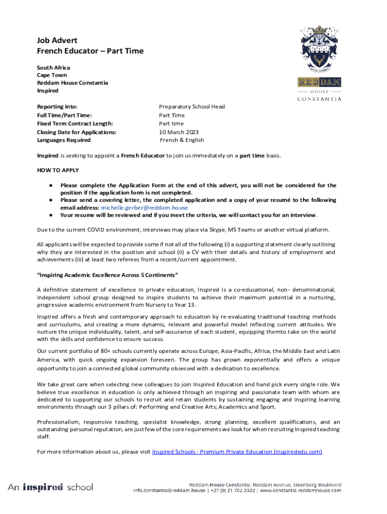 Fillable Online Job Advert Stage 4 Teaching Assistant (age: 4 turning 5 ...