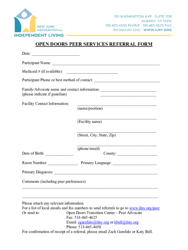Fillable Online OPEN DOORS PEER SERVICES REFERRAL FORM Fax Email Print ...