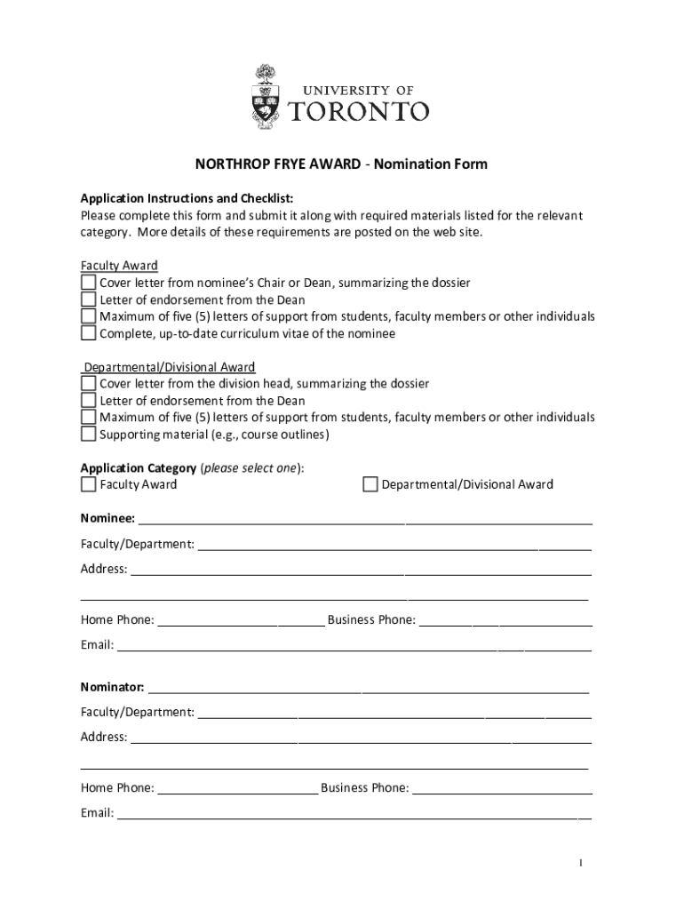 Fillable Online Fillable Online NORTHROP FRYE AWARDS Fax Email Print Fax Email Print - pdfFiller