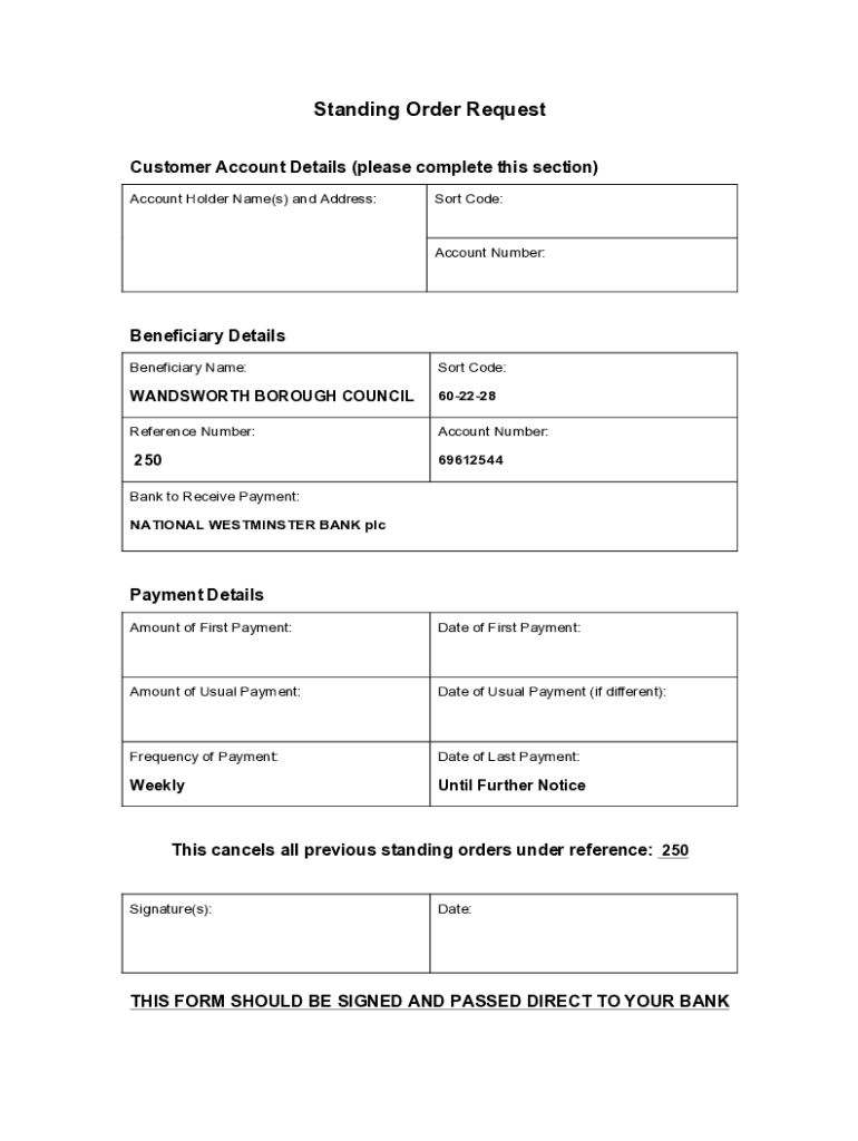 Fillable Online Council Tenants Standing Order request form Fax Email ...