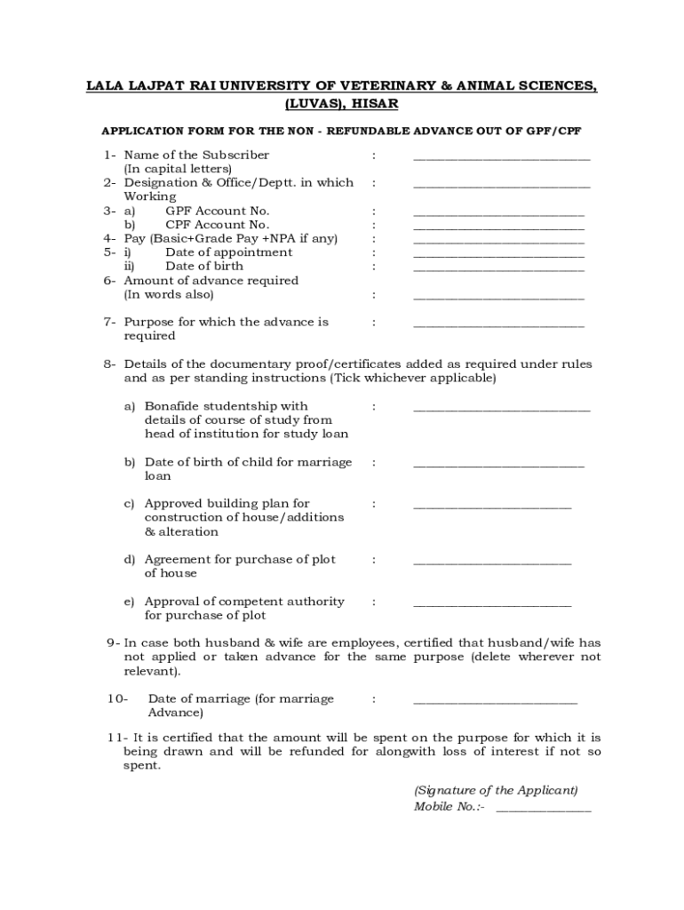 Fillable Online luvas edu Proforma for Non refundable advance out of ...