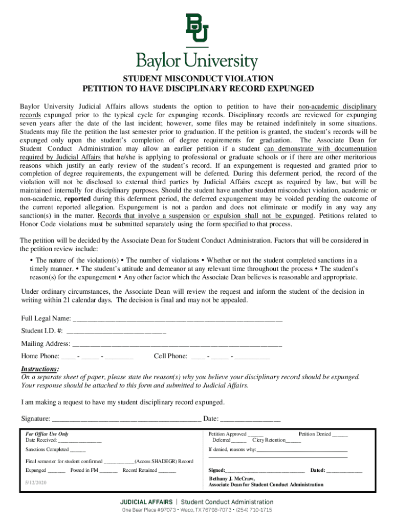 Fillable Online Petition to have honor code violation record expunged ...