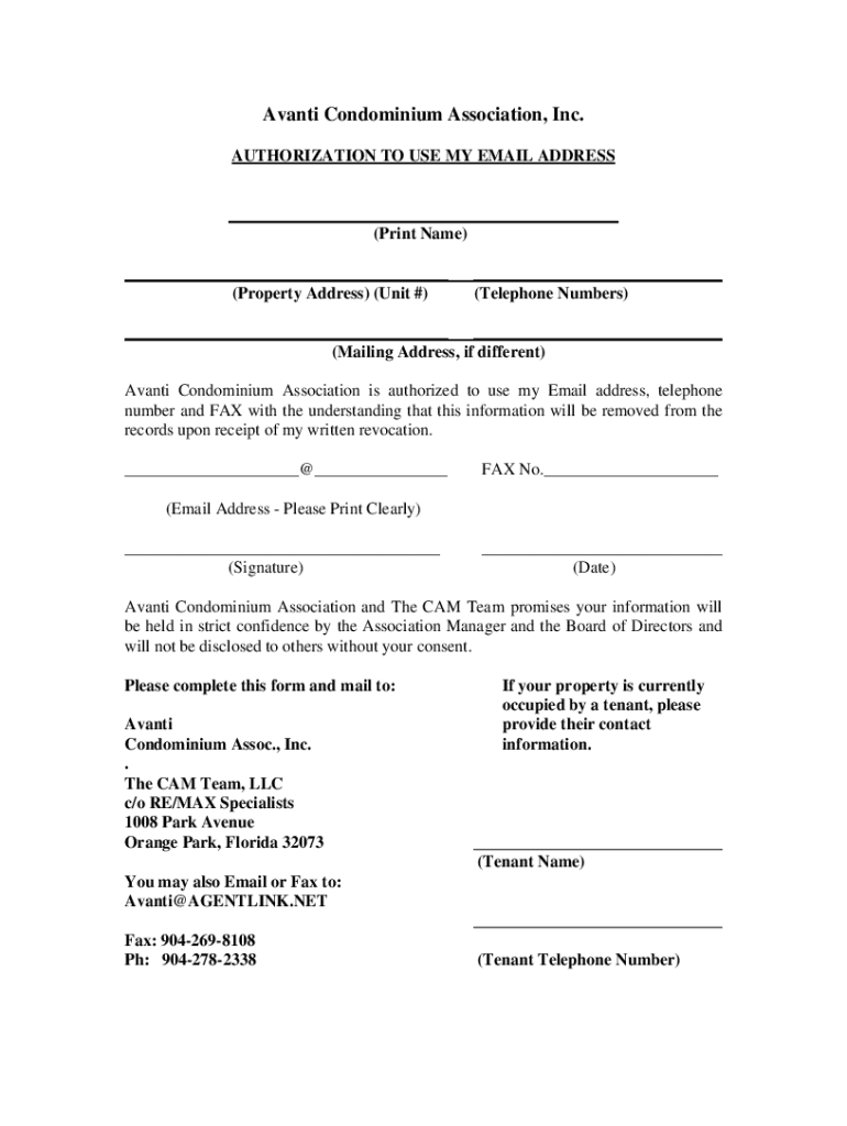 Fillable Online AUTHORIZATION TO USE MY EMAIL ADDRESS - Avanti.doc Fax ...