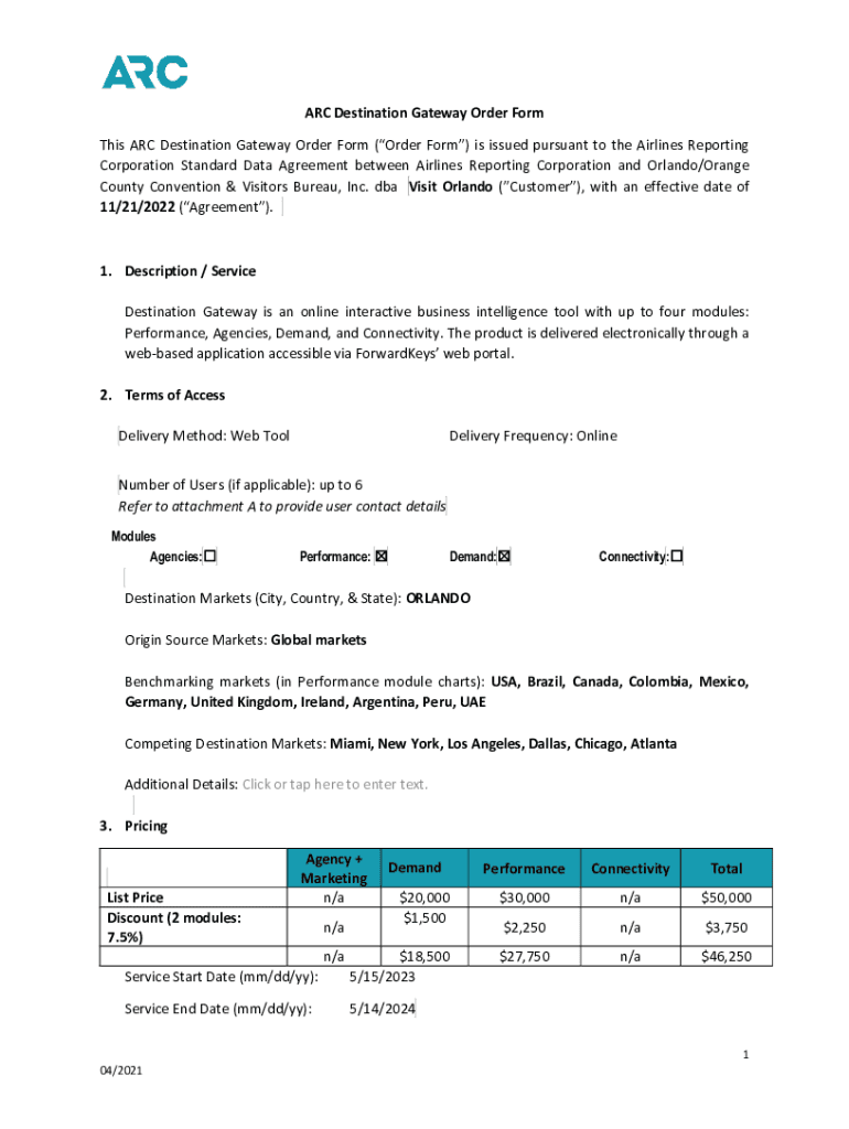 Fillable Online ARC Destination Gateway Order Form Fax Email Print ...