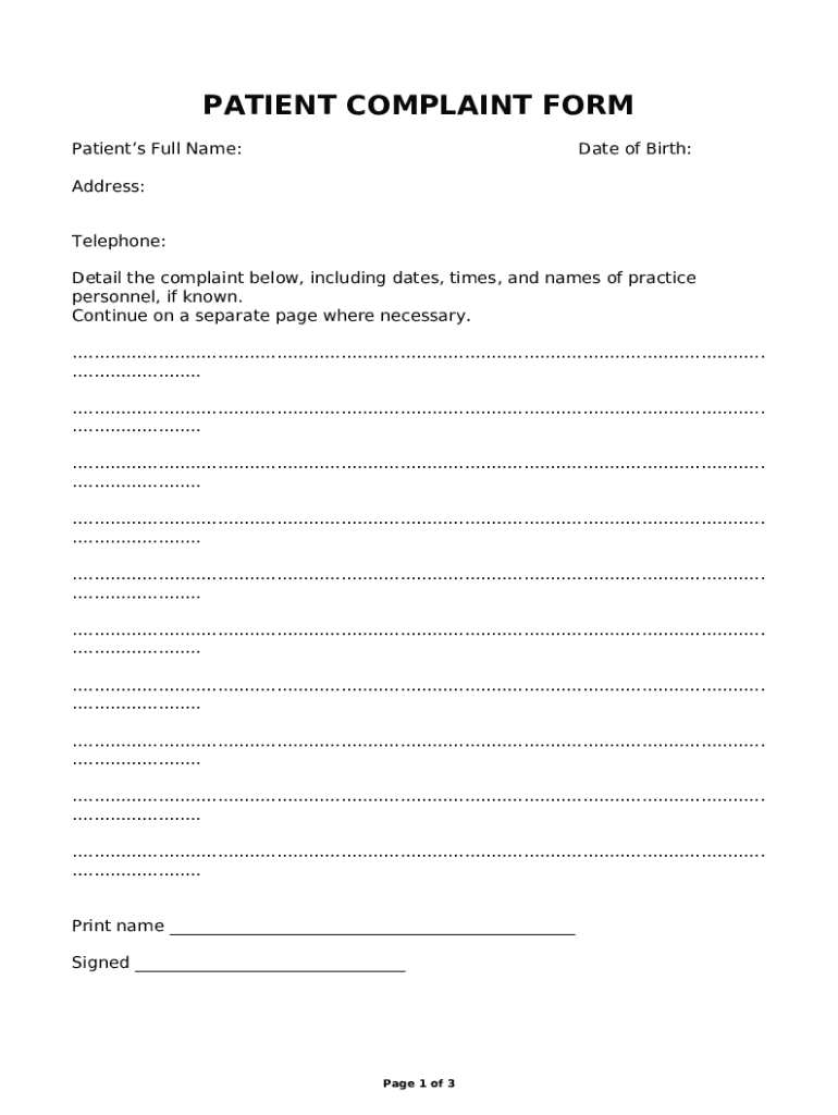 Patient complaint - Shrewsbury Doc Template | pdfFiller