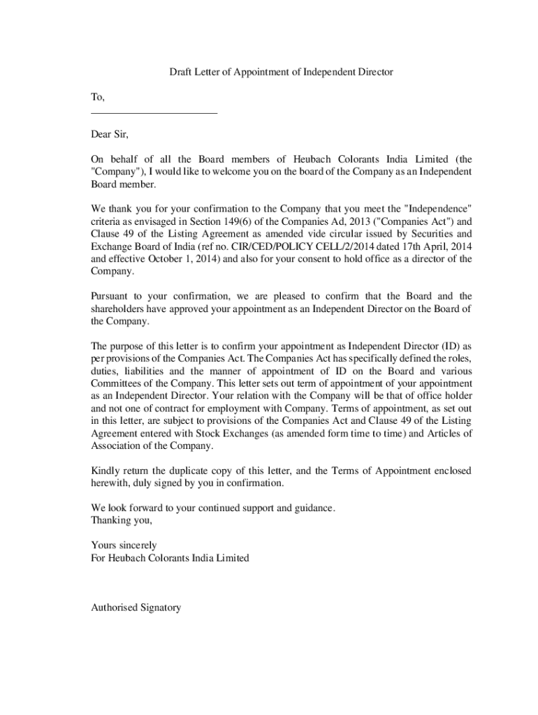 Fillable Online Draft Letter of Appointment of Independent Director To ...