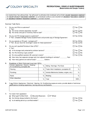 Fillable Online Colony Specialty: Recreational Vehicle Questionnaire ...