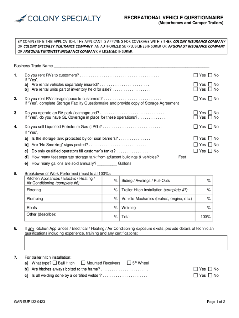 Fillable Online Colony Specialty: Recreational Vehicle Questionnaire ...
