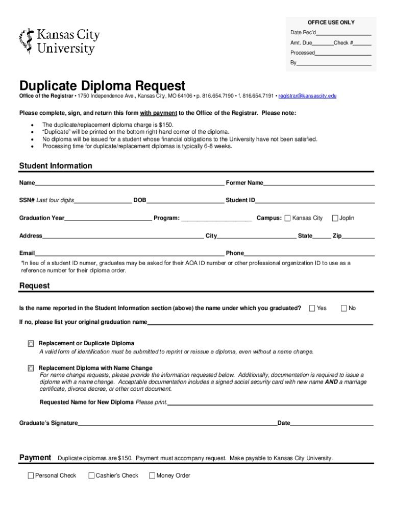 Fillable Online Diplomas - KU Registrar - The University of Kansas Fax ...