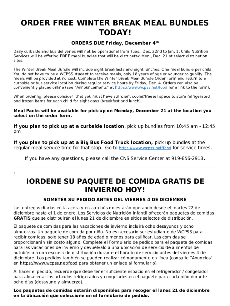 Winter Break Meal Bundle Order Doc Template | pdfFiller
