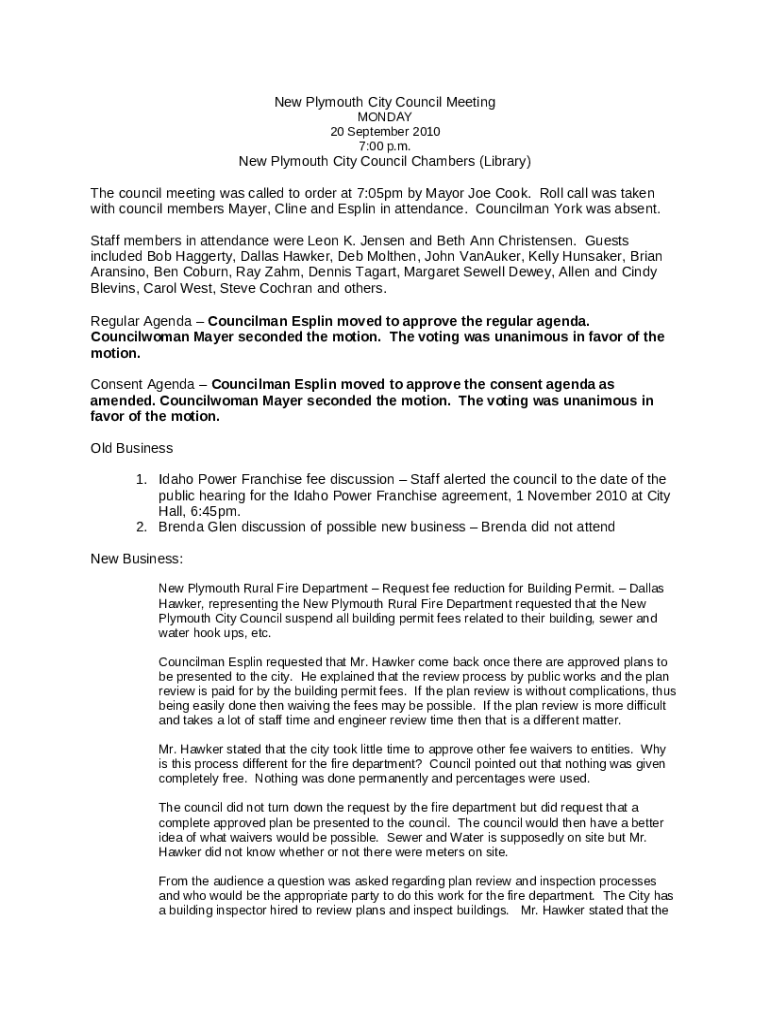 Roll call was taken with council members Mayer, Cline and Esplin in ...