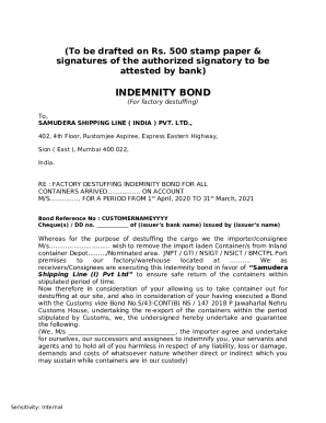 Indemnity Bond For Factory DestuffingPDF Doc Template | pdfFiller