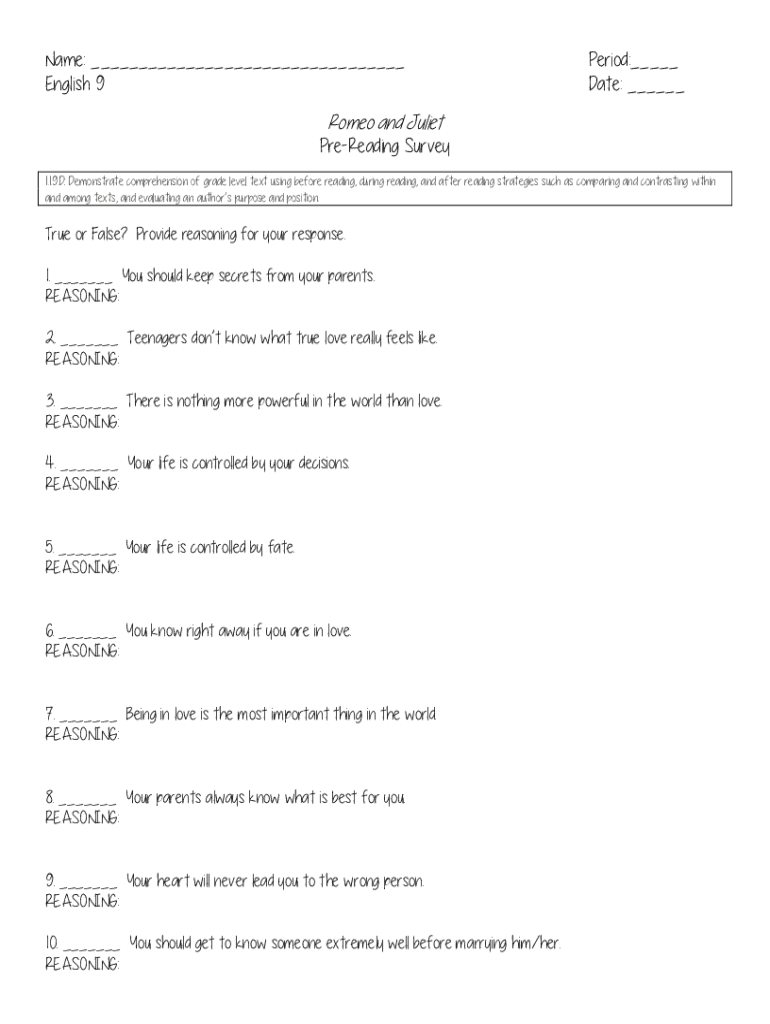 Fillable Online Romeo and Juliet: Pre-Reading Questions Love Fax Email ...