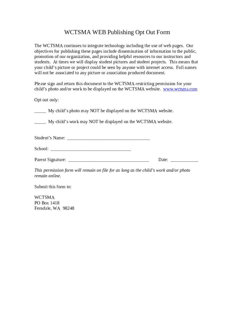 WCTSMA WEB Publishing Opt Out Doc Template | pdfFiller