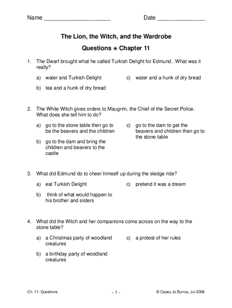Fillable Online Quiz & Worksheet - The Lion, the Witch & the Wardrobe ...