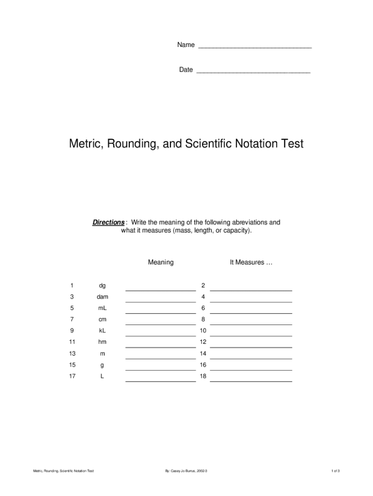 Fillable Online Metric, Rounding, Scientific Notation Test.xls Fax ...