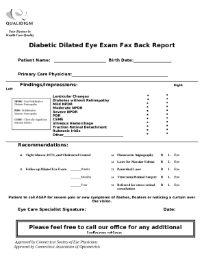 Diabetic Dilated Eye Exam Fax-Back Report Doc Template | pdfFiller