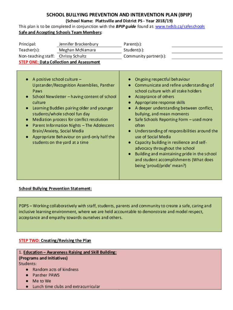 Fillable Online Bullying Prevention Plan and Safe, Equitable and ...