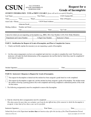 Fillable Online Incomplete (IN) Grade Request Fax Email Print - pdfFiller