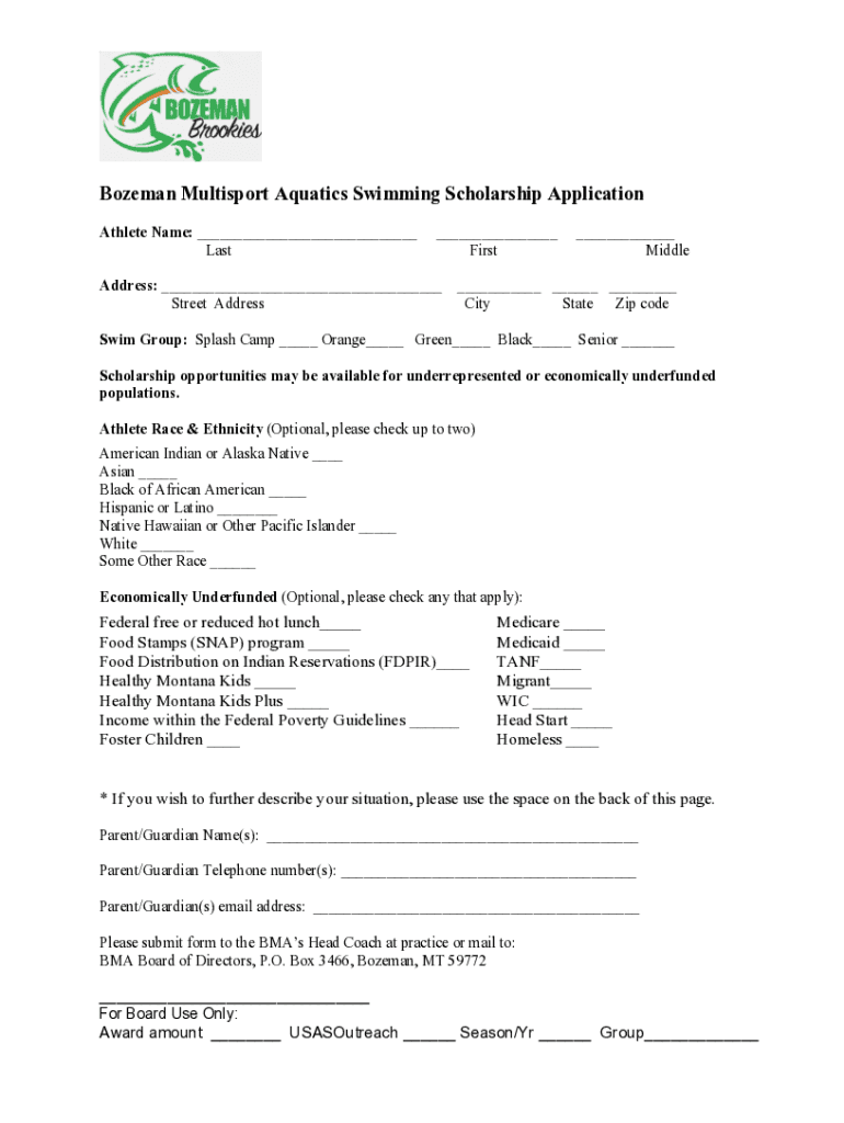 Fillable Online Bozeman Multisport Aquatics Swimming Scholarship ...