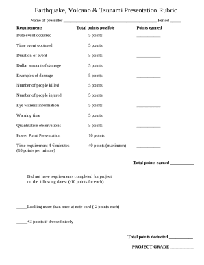 Earthquake, Volcano & Tsunami Presentation Rubric Doc Template | pdfFiller