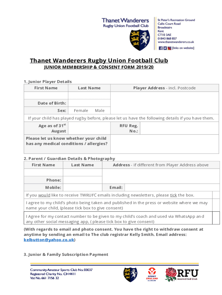 Fillable Online JUNIOR MEMBERSHIP & CONSENT FORM 2019/2020 Fax Email ...