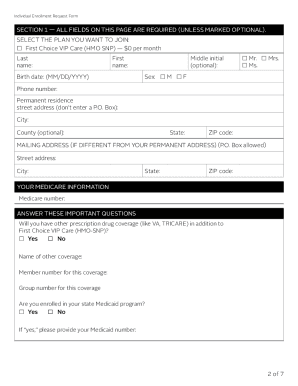 Fillable Online Individual Enrollment Request Form - First Choice VIP ...