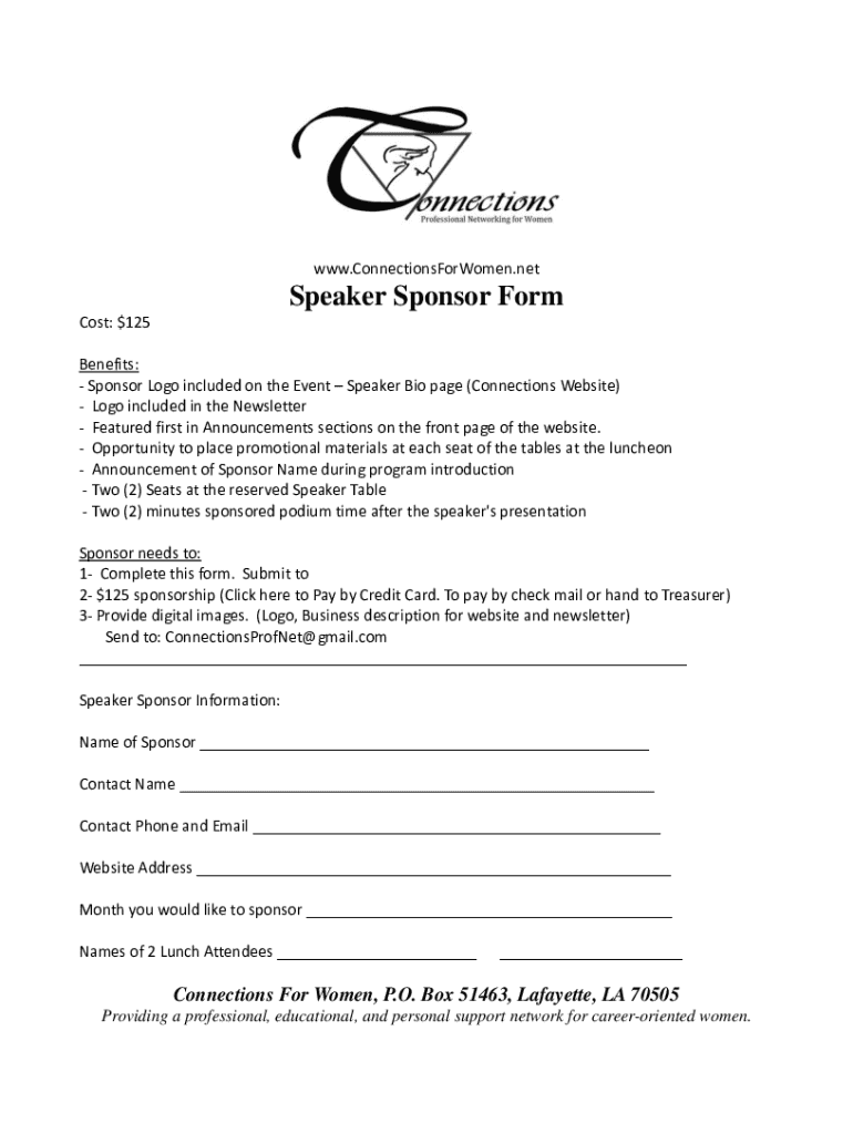 Fillable Online Speaker Sponsor Form - Connections for Women Fax Email Print - pdfFiller