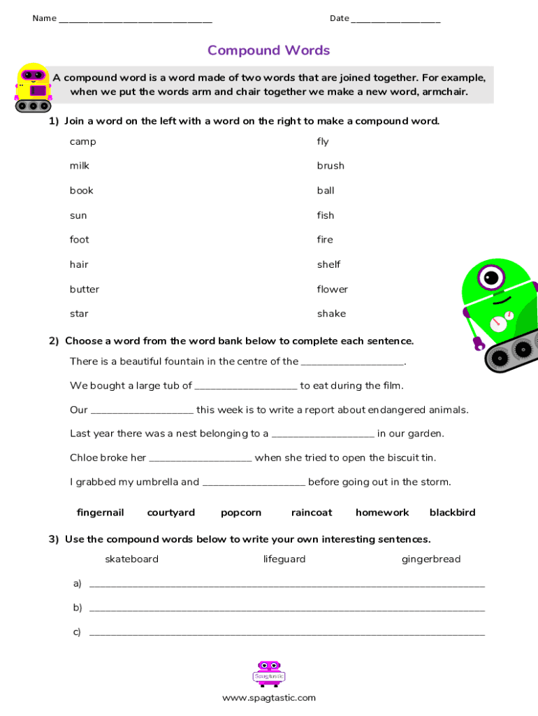 Fillable Online A compound word is a word made of two words that are ...