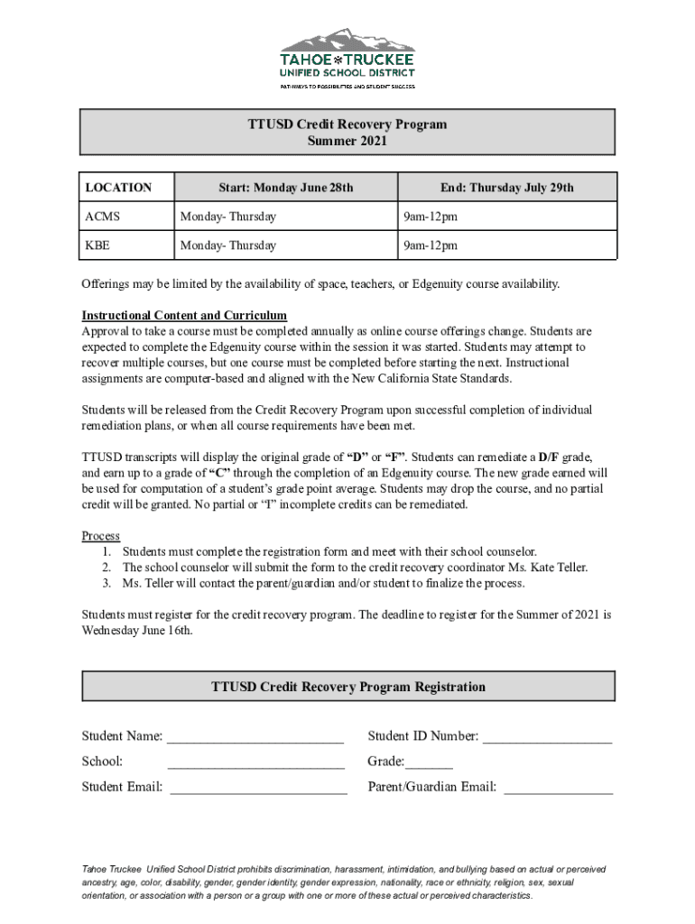 Fillable Online 2021 TTUSD Credit Recovery Summer Program Request Form ...