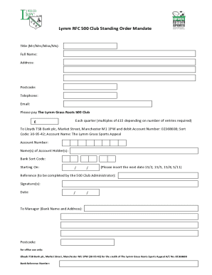 Fillable Online Lymm RFC 500 Club Standing Order Mandate Fax Email ...