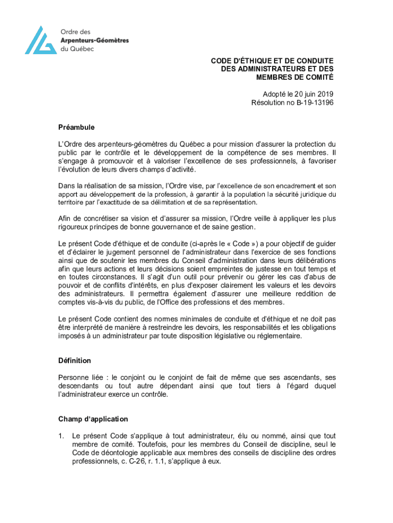 Remplissable En Ligne Code d'thique et de conduite des administrateurs et des ... Fax Email ...