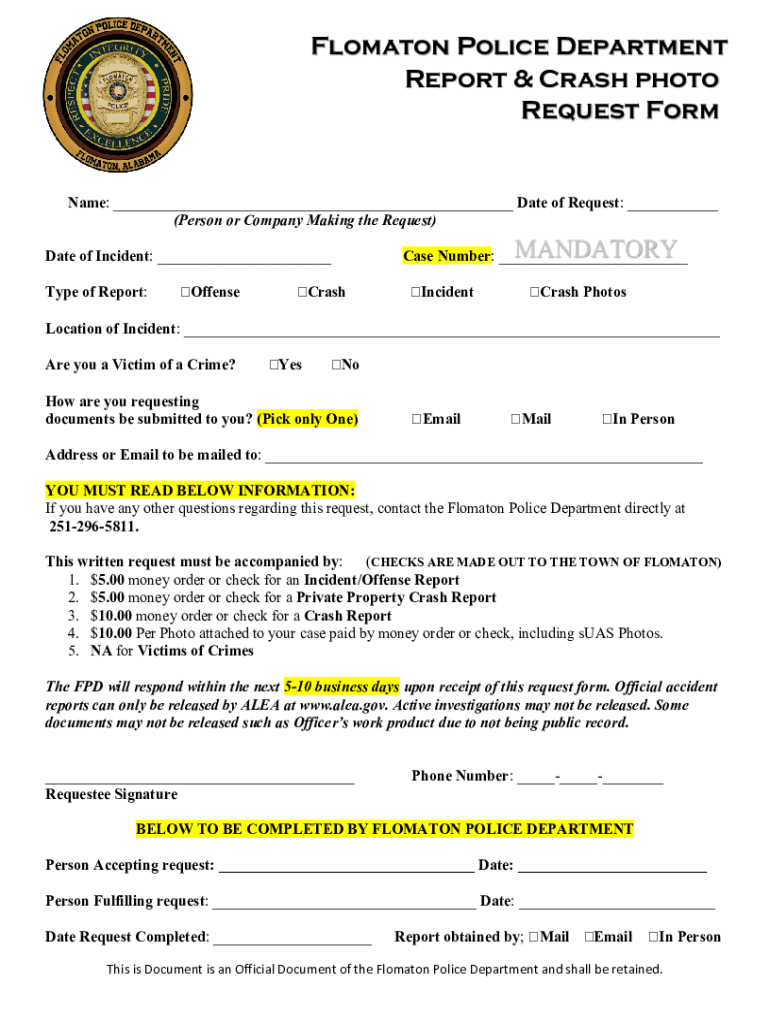 Fillable Online Flomaton Police Department Report & Crash photo Request ...
